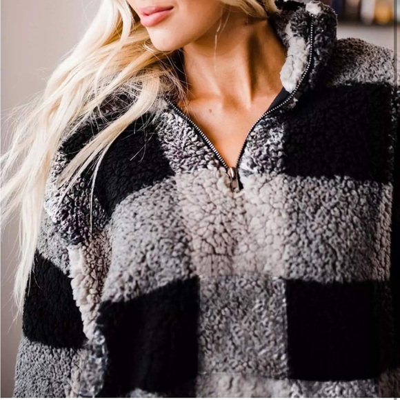 Jackets & Coats | Womens Black And Gray Checkered Sherpa Jacket | Poshmark